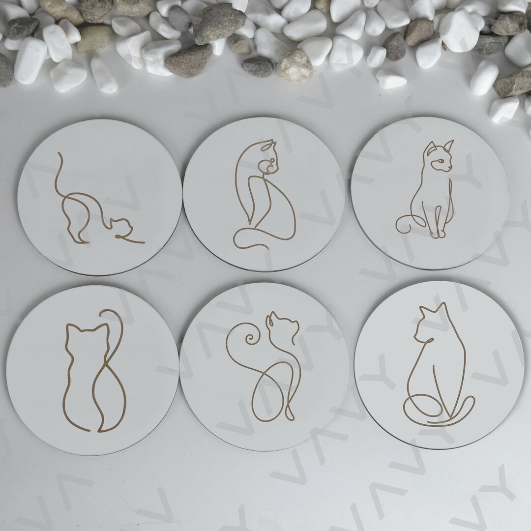 Line Cat 6 Set of Wooden Coasters, Vector Laser Cut Egrave File ...