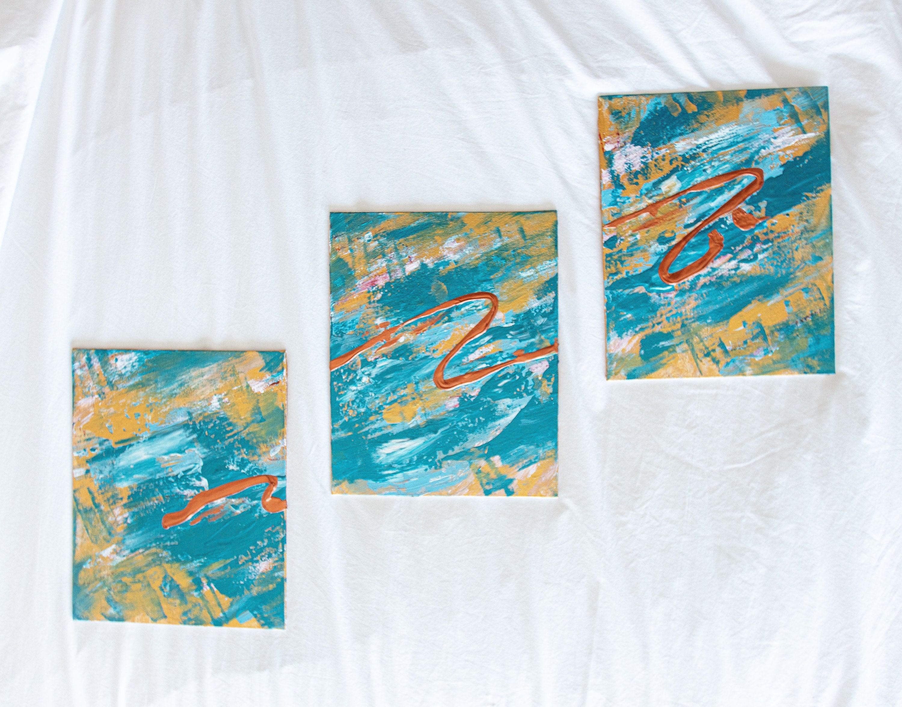 Original Abstract Triptych Paintings, 3 Panels, Teal and Gold Sheen Dry ...