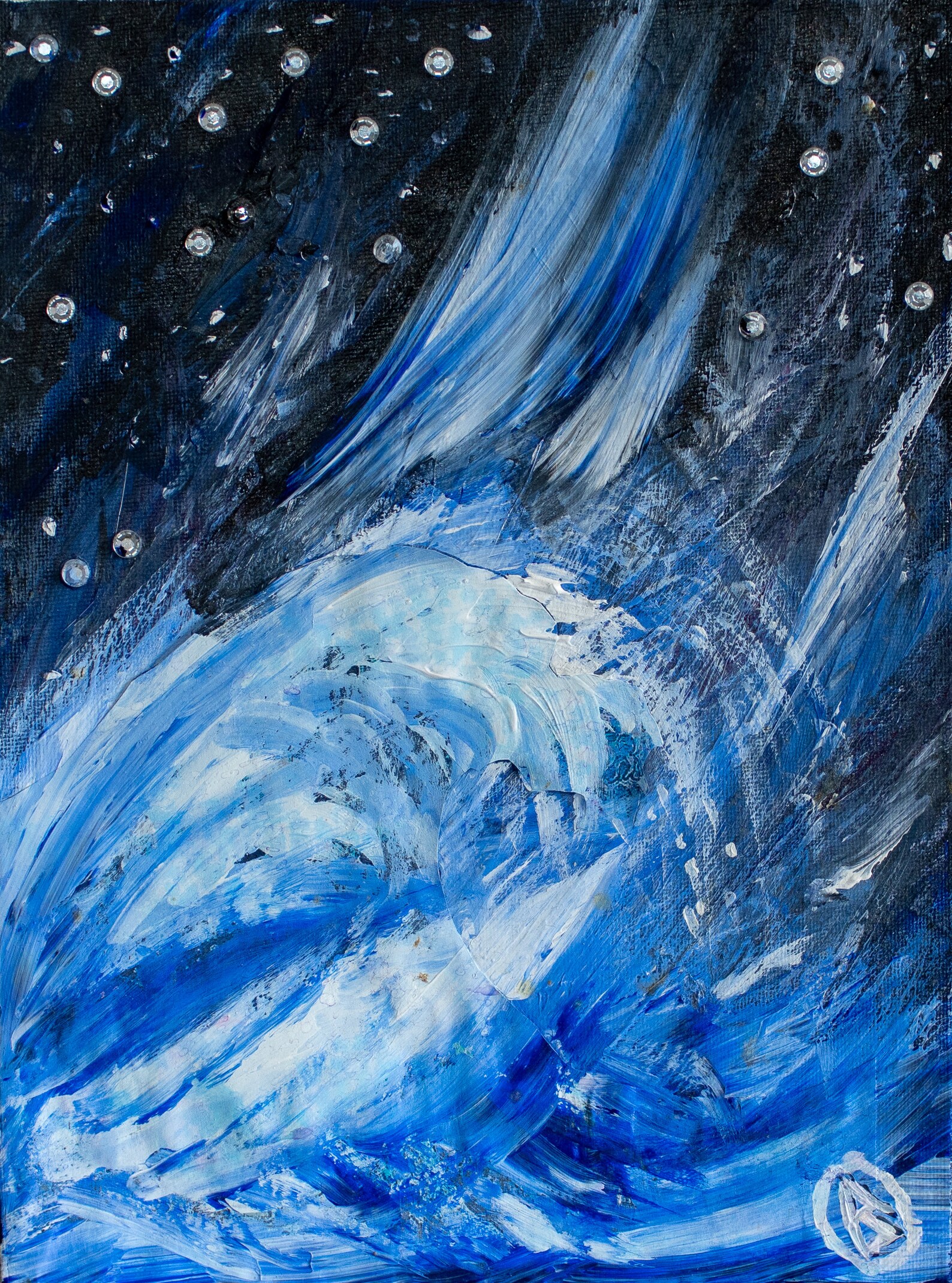 Original Abstract Chromesthesia Painting, Blue Waves, Rhinestone Stars ...