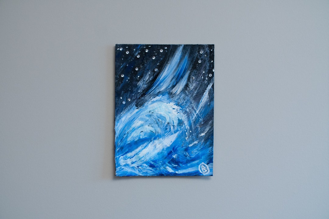 Original Abstract Chromesthesia Painting, Blue Waves, Rhinestone Stars ...