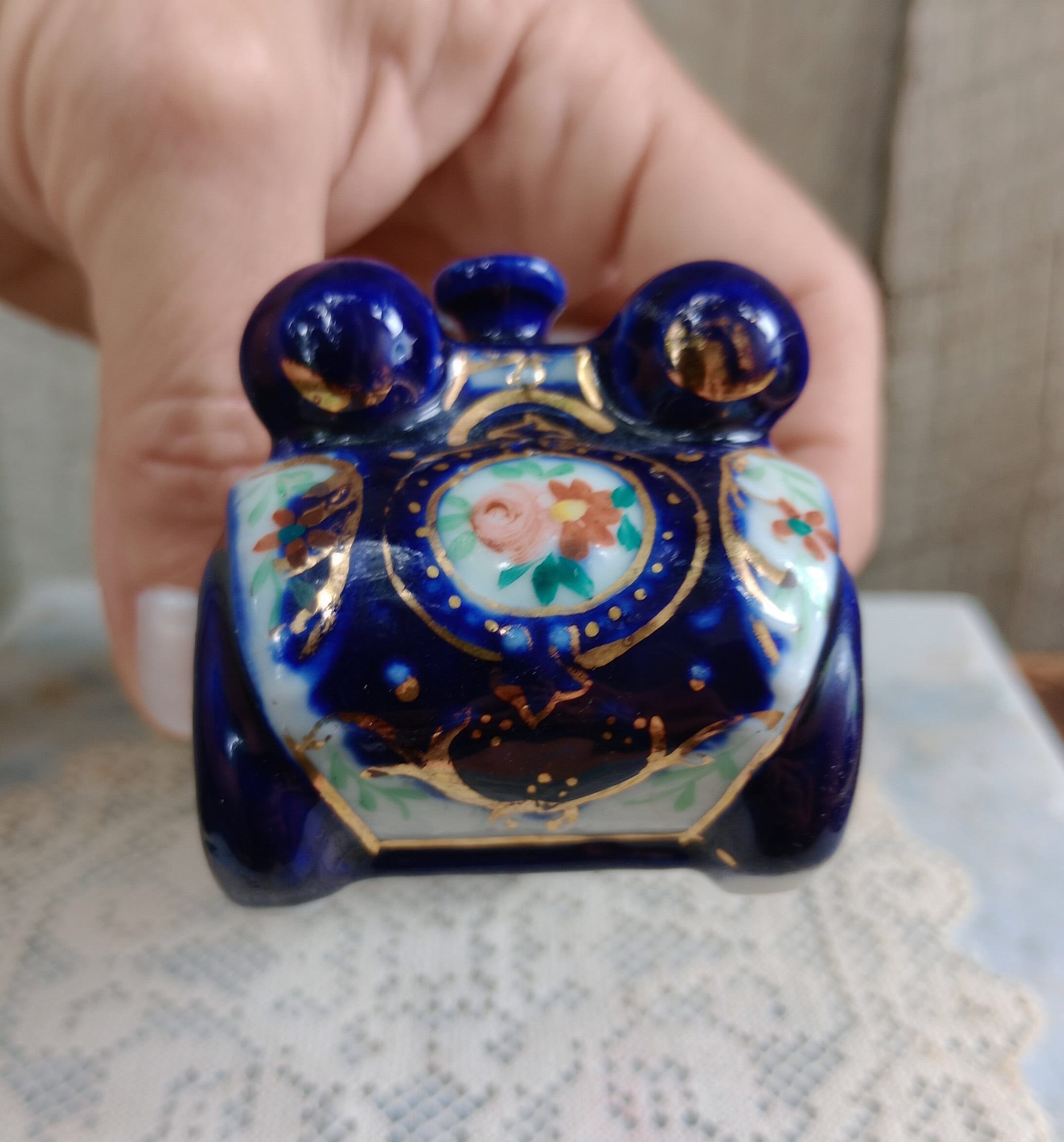 Vintage Porcelain Car Figurine, Cobalt Blue Roaster, Hand Painted Roses ...