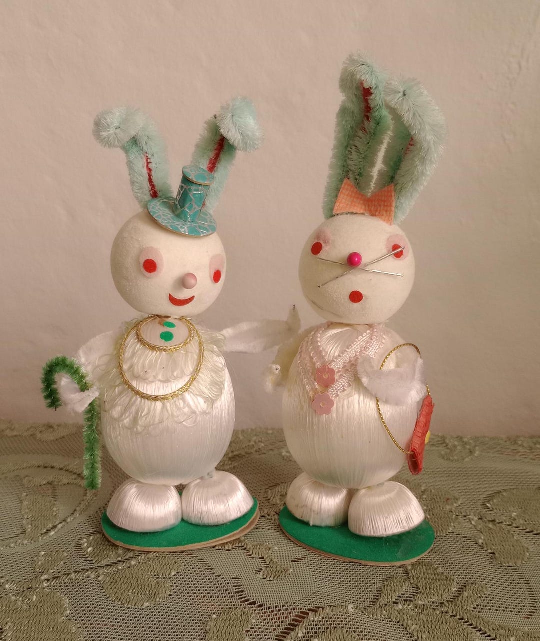 2 Japan Putz Easter Bunny Satin Ball Styrofoam Figures, Vintage 6 ...