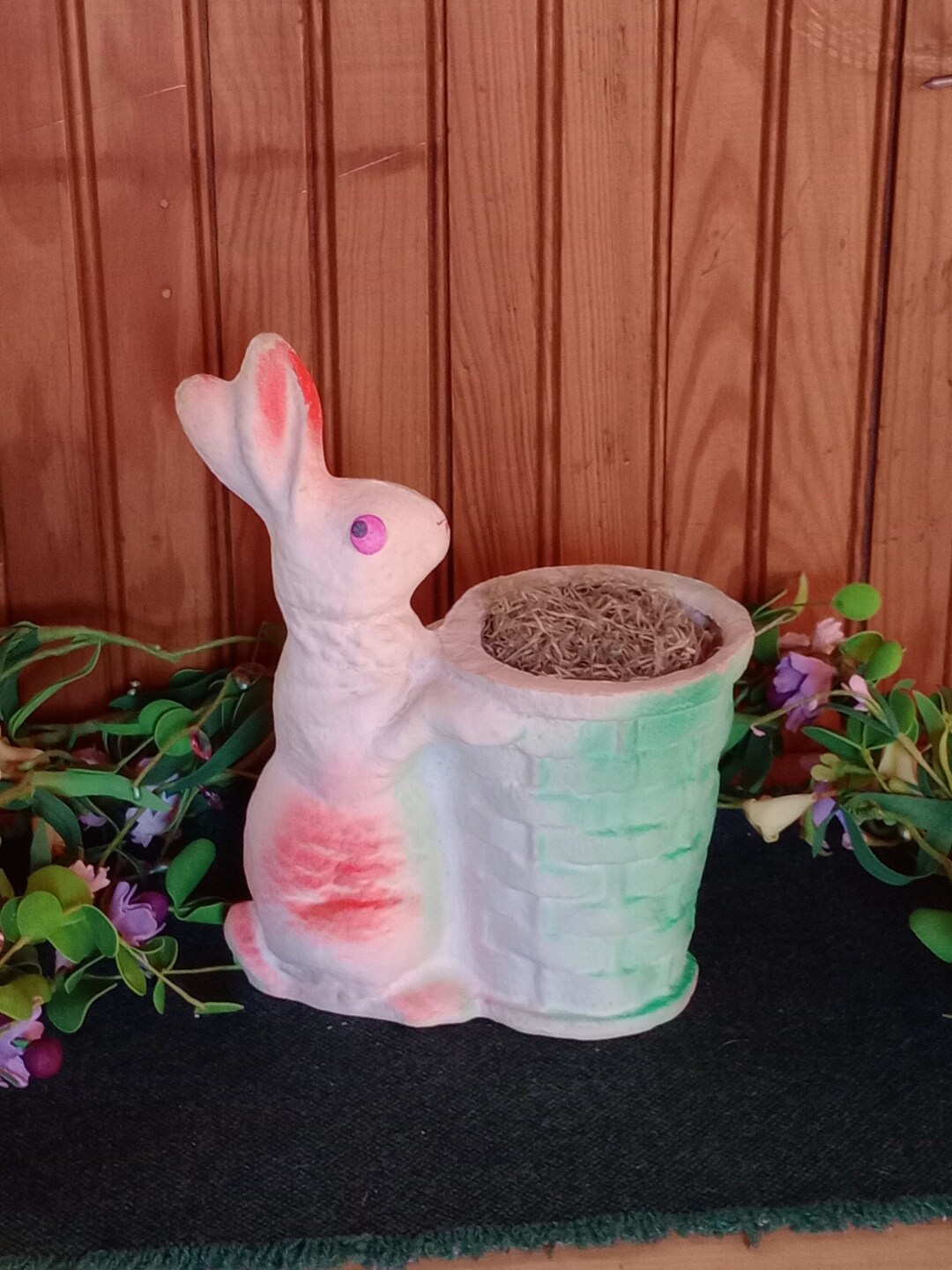 Lg. Vintage Easter Paper Mache Bunny Rabbit With Basket Candy Container ...