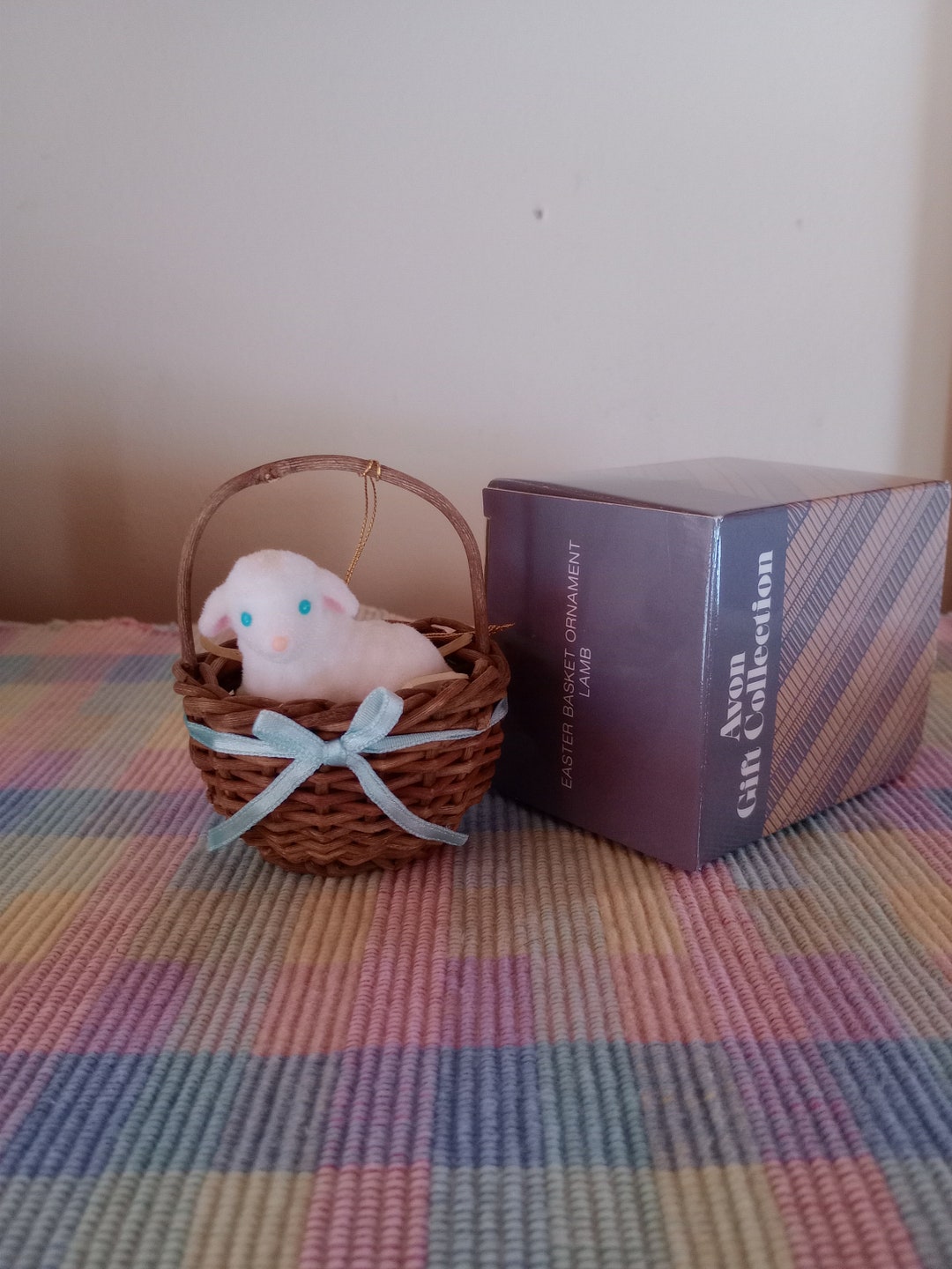Avon Easter Basket Ornament, Ceramic Flocked Lamb Figurine, Natural ...