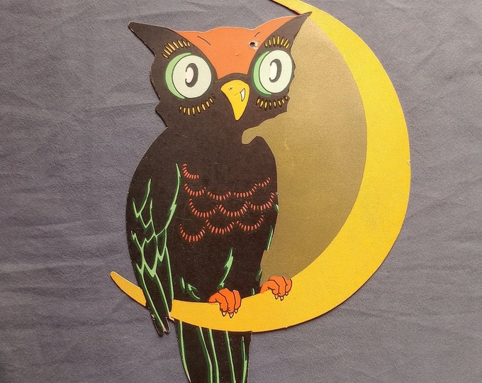 HTF Vintage Halloween Diecut Decoration, Owl on Crescent Moon, 11 ...