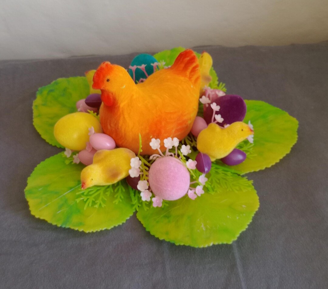 HTF Vintage Flocked Plastic Hen & Chicks Easter Centerpiece W/ Eggs ...