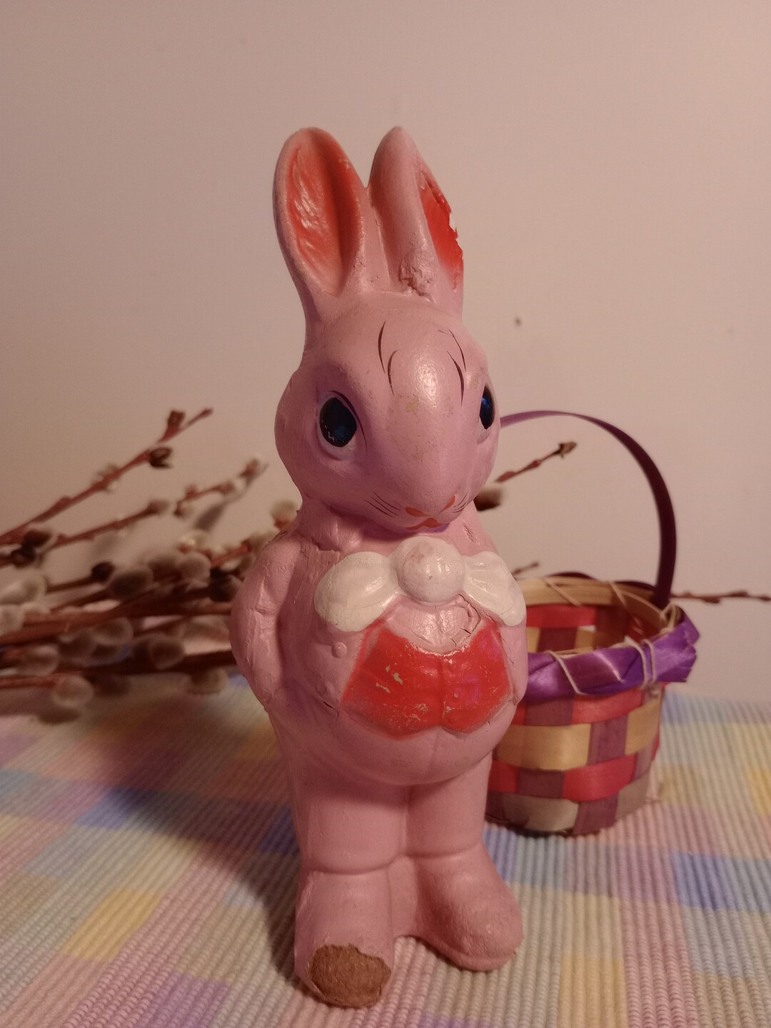 Antique Pink Bunny Rabbit in Tuxedo Composition Figurine, Early Vintage ...