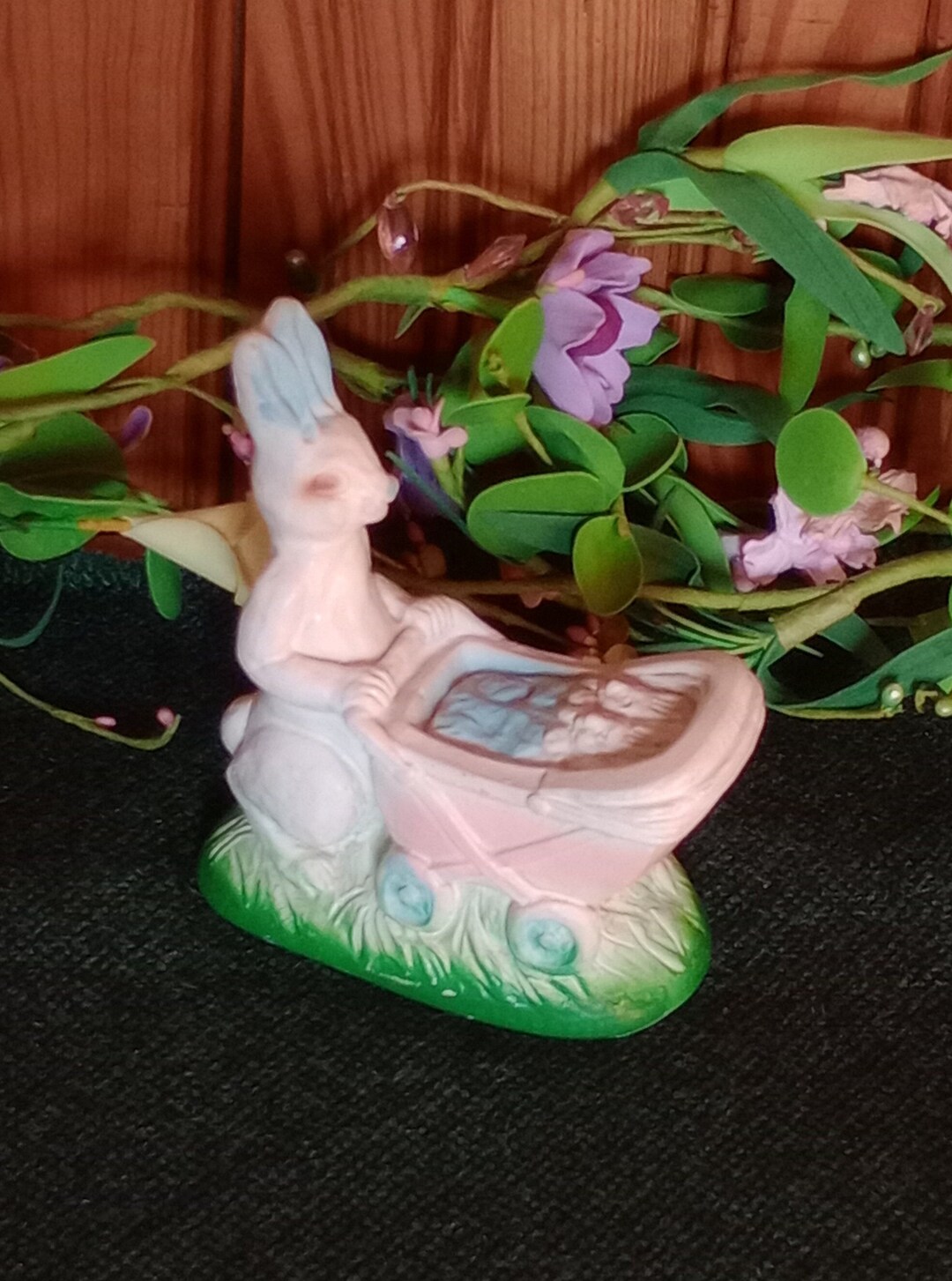 RARE Vintage Chalkware Rabbit Pushing Twin Baby Bunnies in Carriage ...