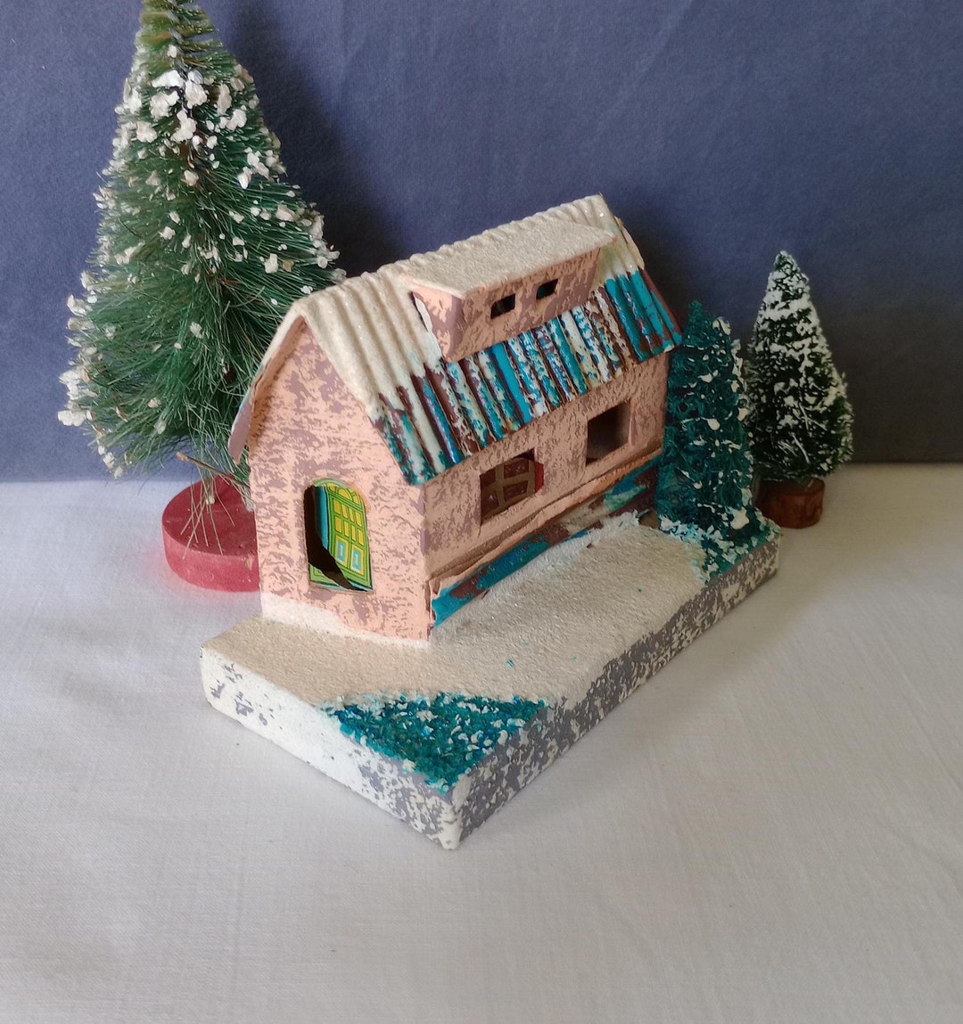 Lg Vintage Mica Putz Japan House 5.5 X 3.75 Peach Pink W/ Dormer ...