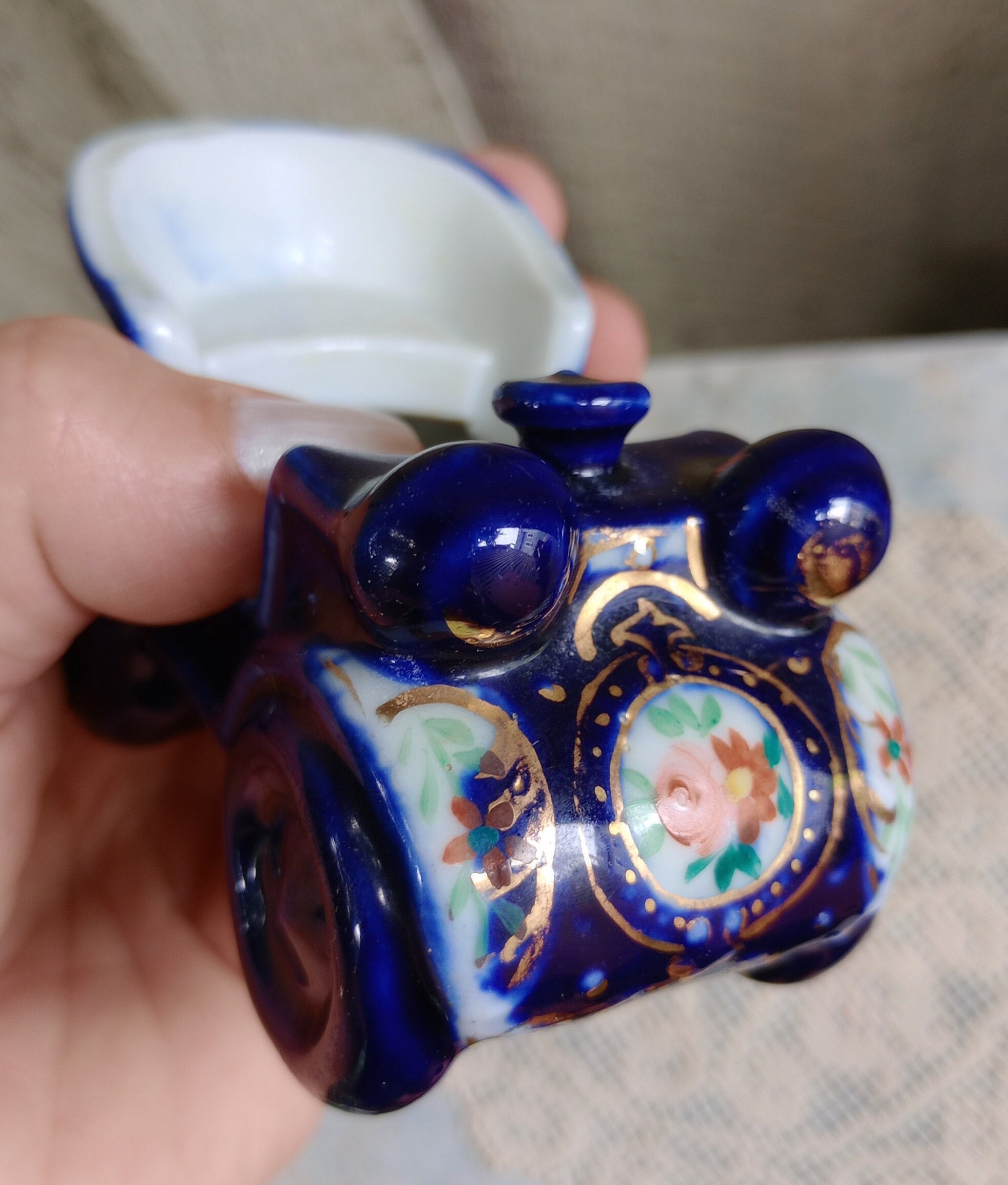 Vintage Porcelain Car Figurine, Cobalt Blue Roaster, Hand Painted Roses ...