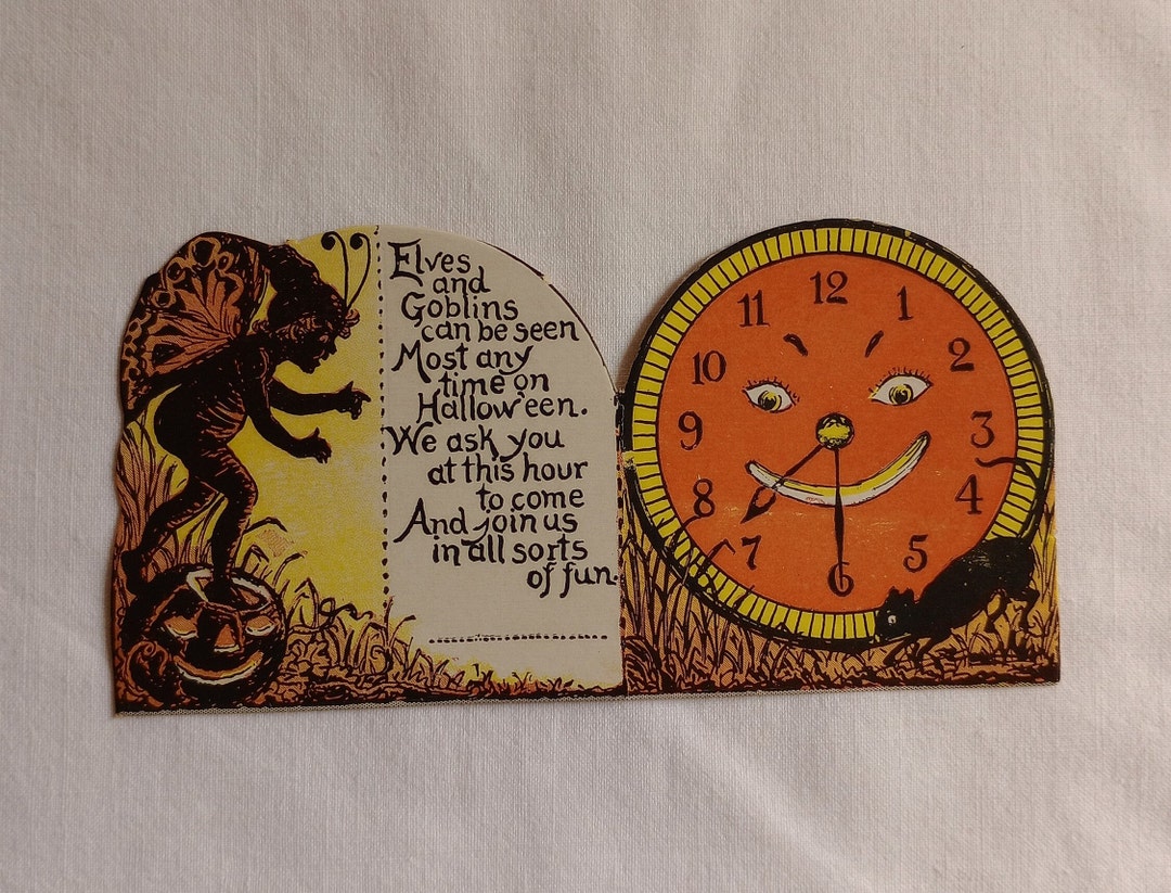 Antique Beistle Halloween Fairy Elf Clock Invitation With Mouse From ...