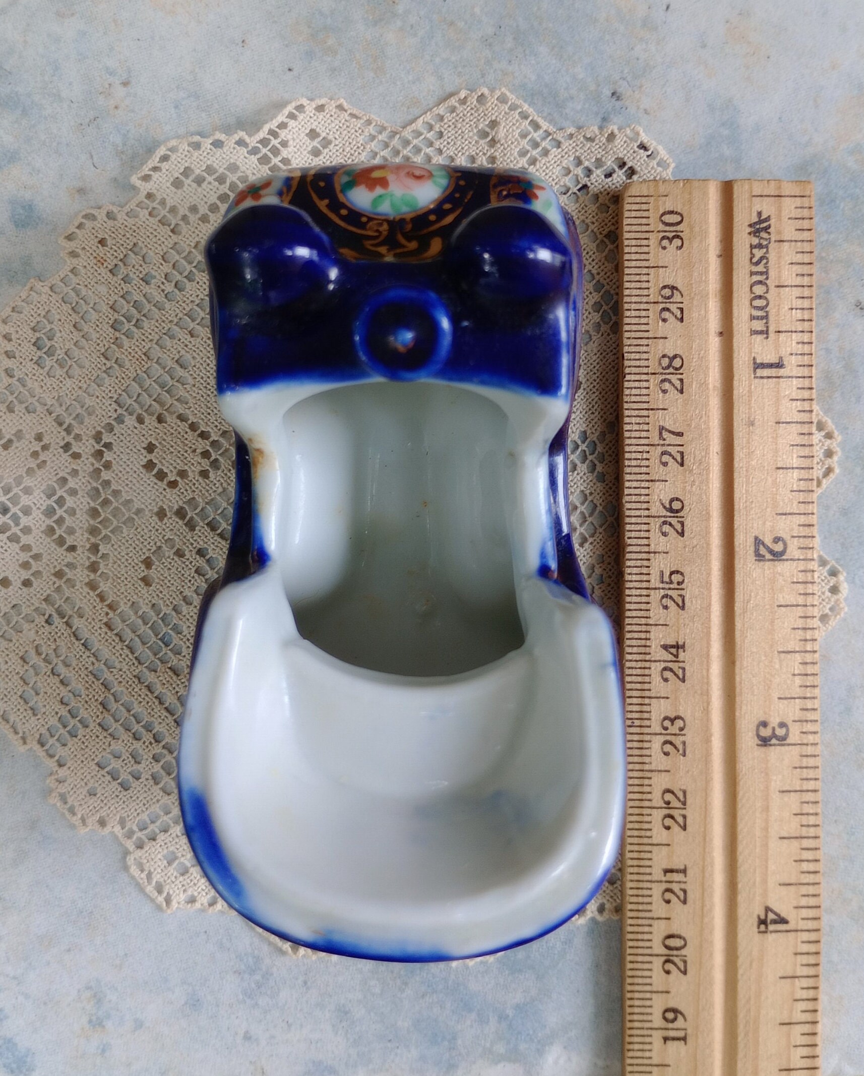 Vintage Porcelain Car Figurine, Cobalt Blue Roaster, Hand Painted Roses ...