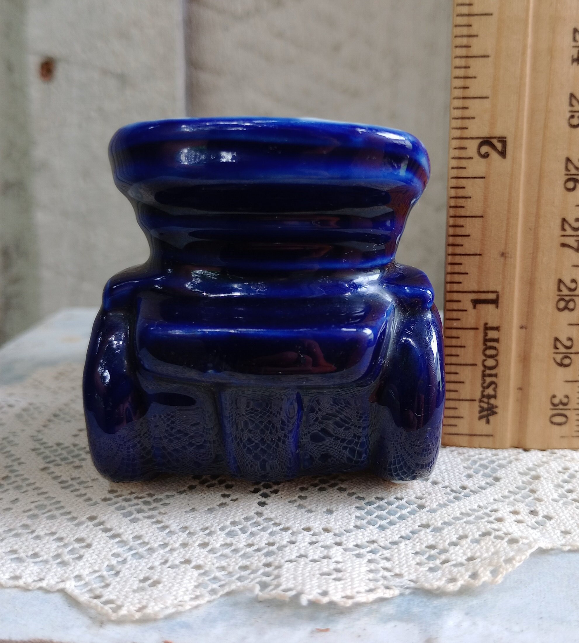 Vintage Porcelain Car Figurine, Cobalt Blue Roaster, Hand Painted Roses ...
