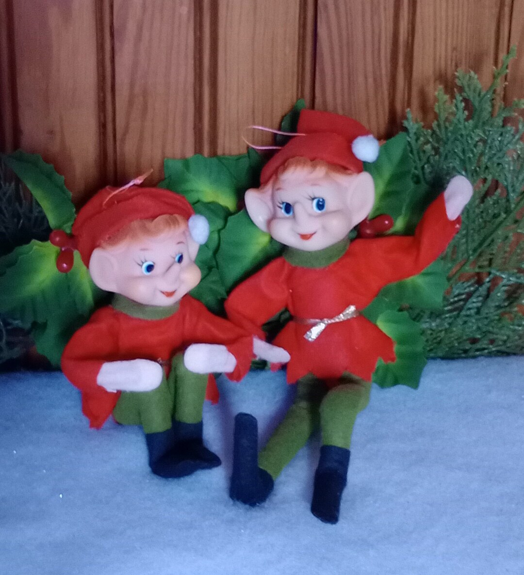 PAIR Vintage Christmas Knee Huggers Fully Poseable Elves, Shelf Sitter ...