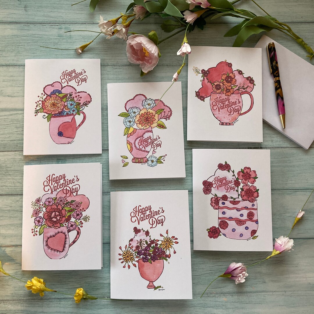 Valentine's Day Watercolor Cards, 6 Blank Valentine Note Card Set ...