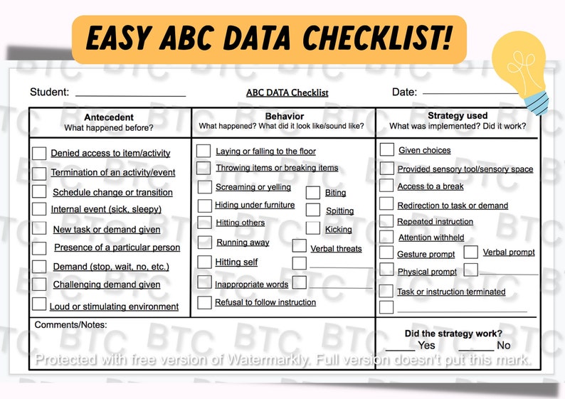 ABC Checklist for Behavior Assessment Behavior Specialist, BCBA Tool ...