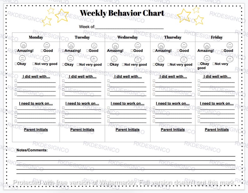 Behavior Chart for Kids- Weekly Classroom Management for Teachers ...