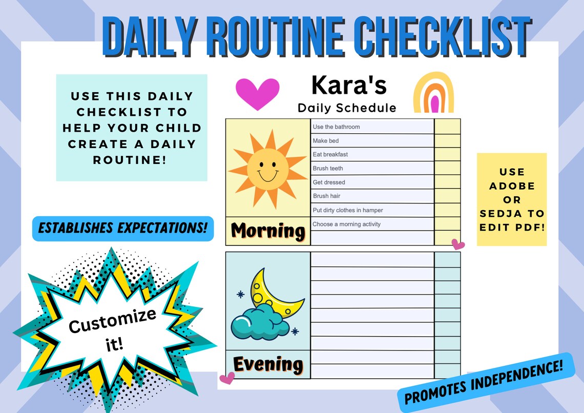 Kids Daily Routine Checklist| Fillable Pdf| Daily Checklist, Routine ...