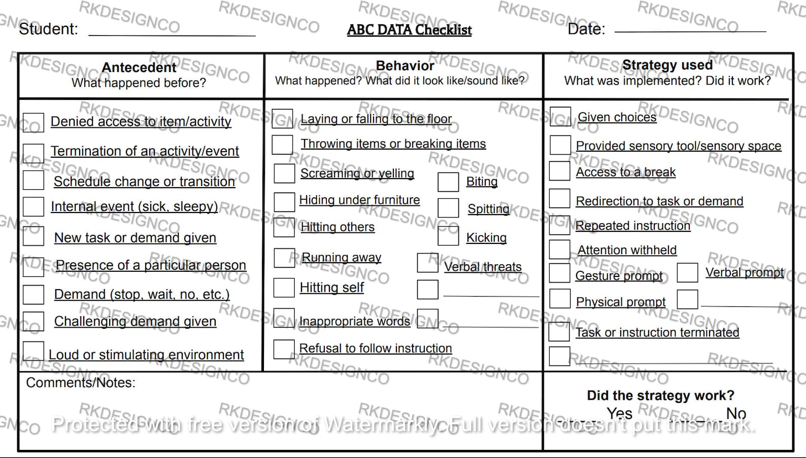 ABC Data Checklist for Behavior Assessment and - Etsy