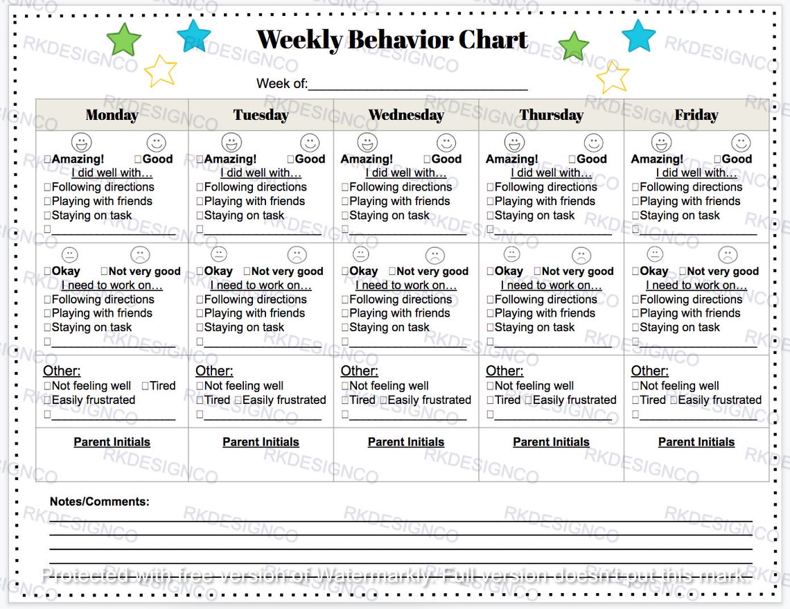 Behavior Chart for Kids- Weekly Classroom Management for Teachers ...