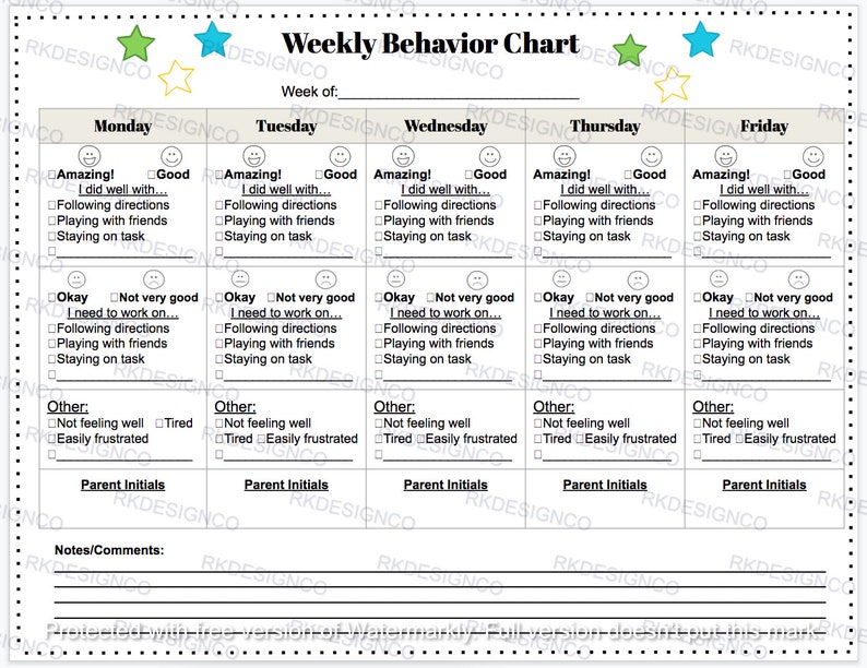Behavior Chart for Kids- Weekly Classroom Management for Teachers ...
