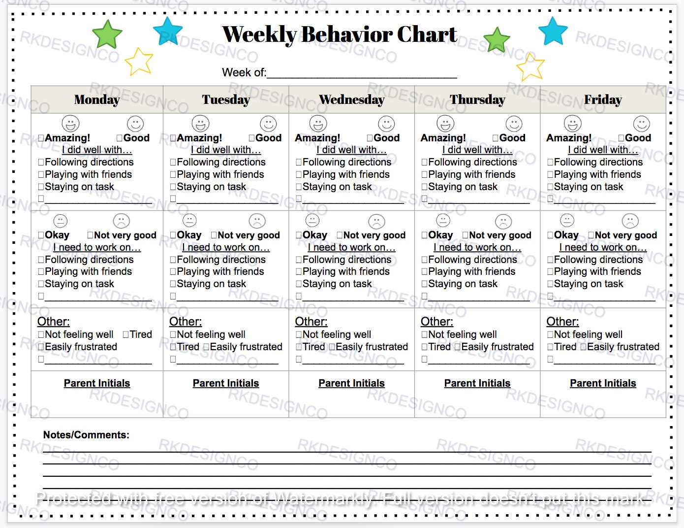 Behavior Chart for Kids- Weekly Classroom Management for Teachers ...