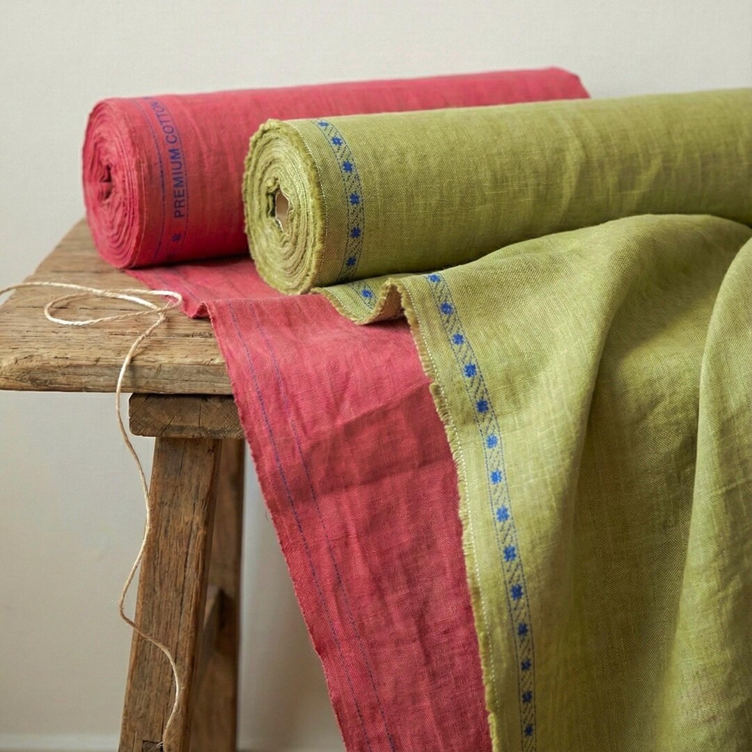 Cotton-linen Fabric, Baked Rose / Soft Wasabi, 160 GSM, 54" Wide - by ...