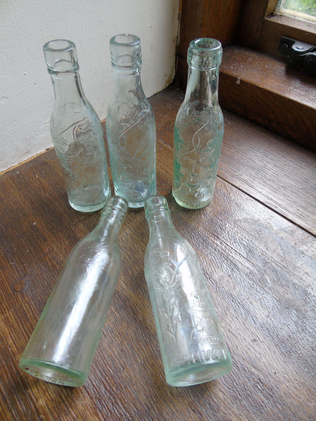 5 Schweppes Small Fruit Cordial Bottles. Highly Embossed, Decorated ...