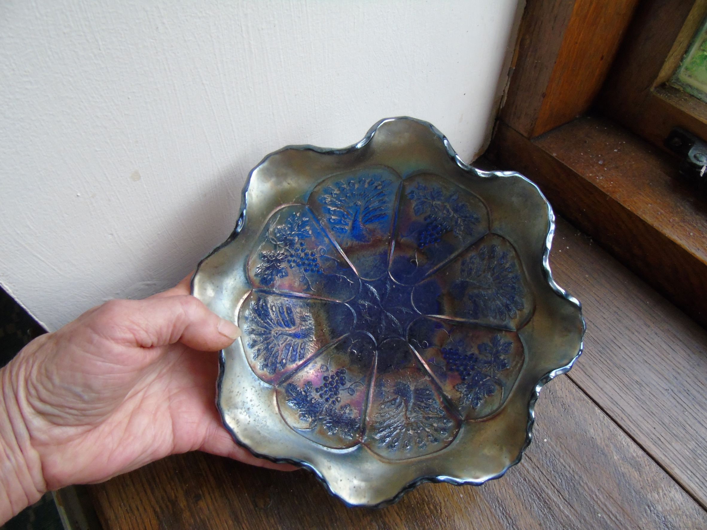 A Blue Fenton Carnival Glass Fluted Bowl. Decorated With - Etsy