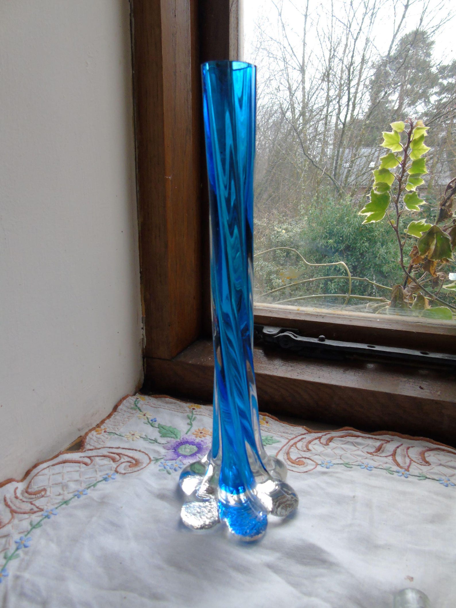 A Retro Blue Glass, Spiral Bud/stem, With Heavy Base. Made in the 1980 ...