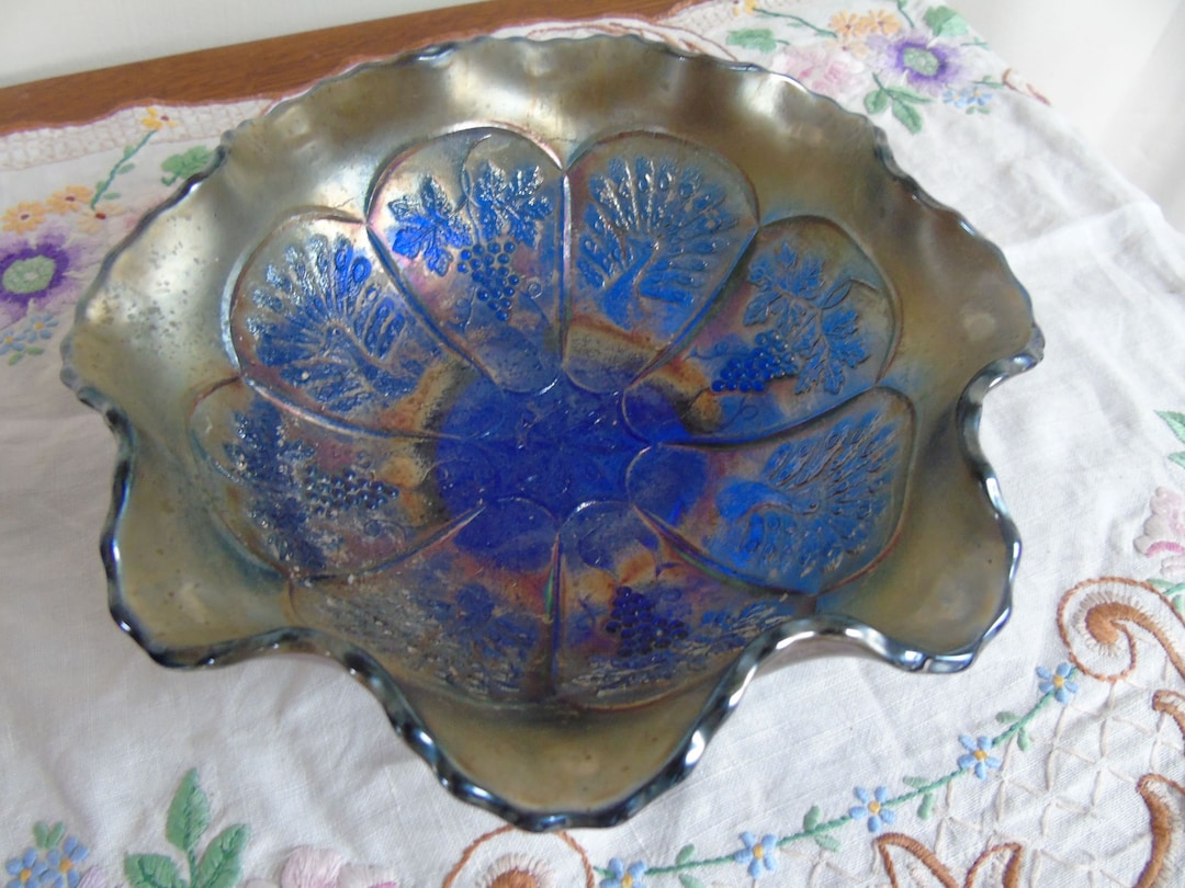 A Blue Fenton Carnival Glass Fluted Bowl. Decorated With Grapes and ...