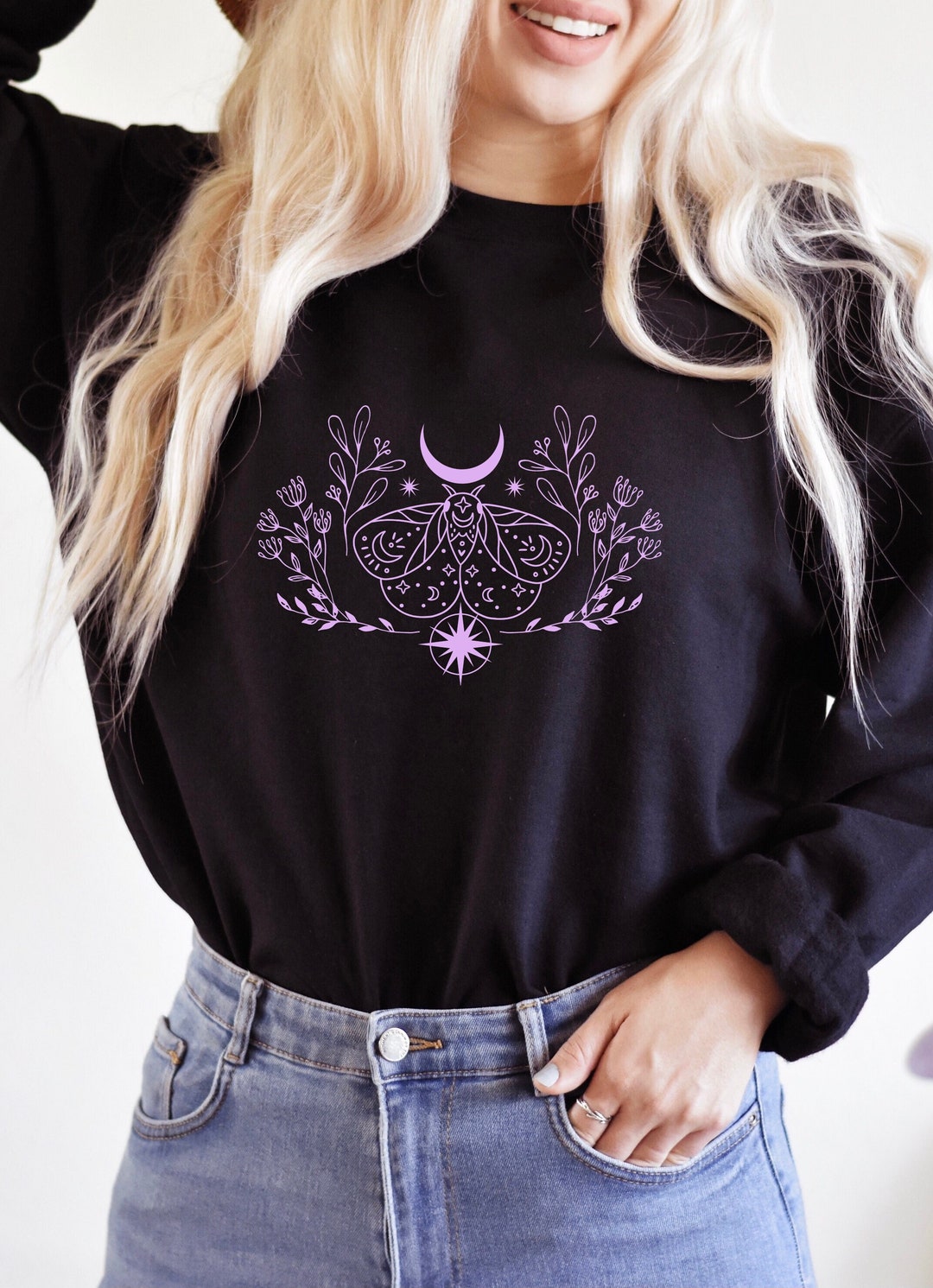 Mystic Moth Sweatshirt, Moth and Moon Design, Floral Moth, Botanical ...
