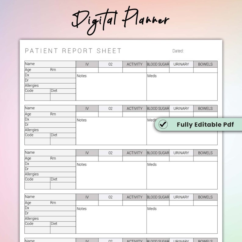 Hoja de informe del paciente editable e imprimible, registro del ...