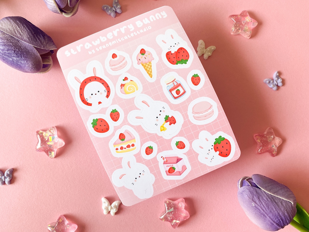 Strawberry Bunny Sticker / Kawaii Art Cute Aesthetic Stationery Office ...