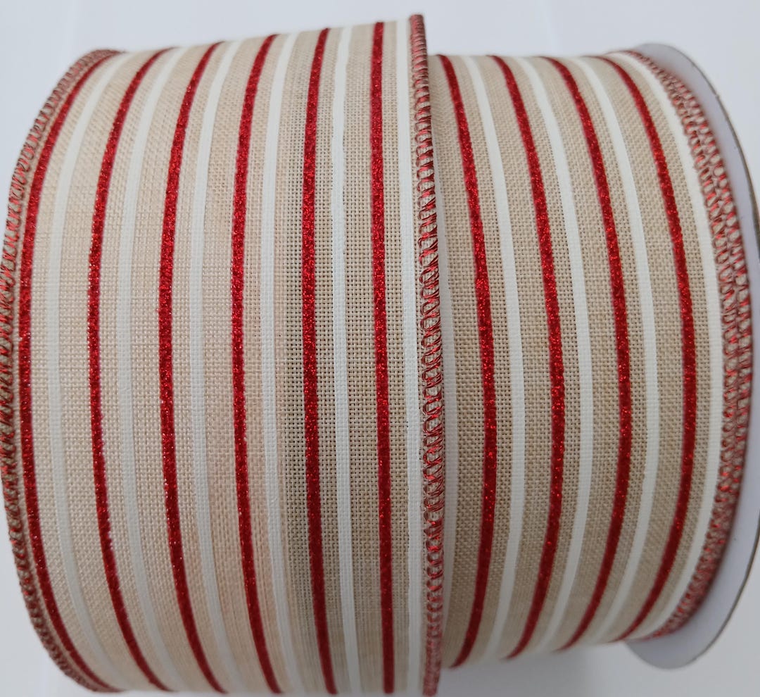 Christmas Red & White Stripe on Natural Wired Ribbon - 2.5" Wide, per ...
