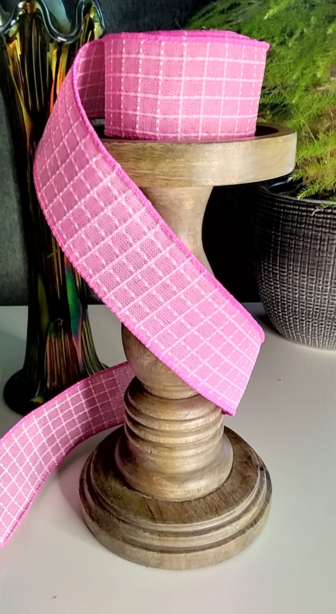 Wired Edge Ribbon 1.5 Pink With White Outline Squares - Etsy