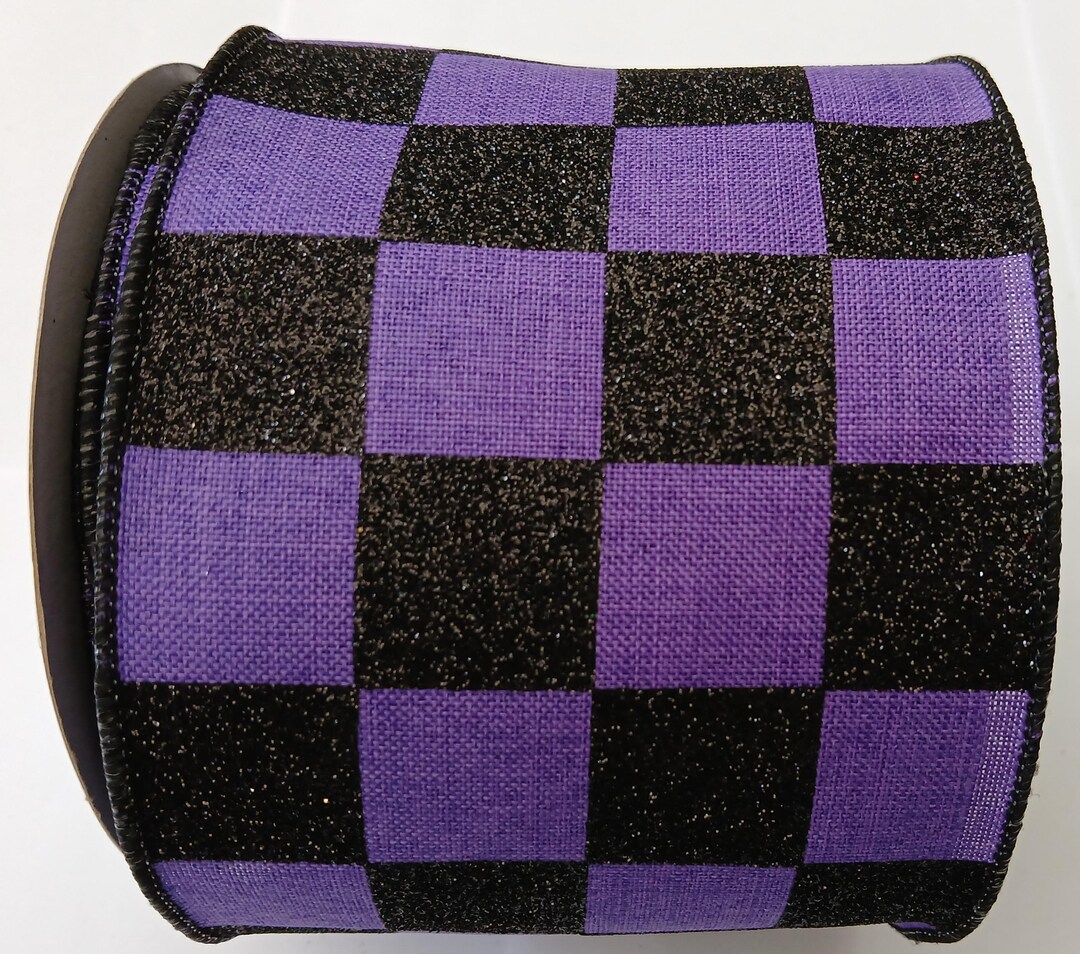 9 Meters Wire Edged Wreath Ribbon Halloween Black Glitter & Purple ...