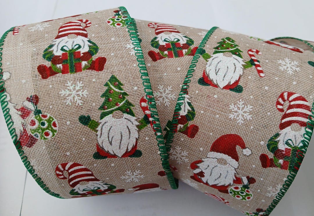 Christmas Santa and Elf Gonks on Natural Wired Ribbon – 2.5” Wide, per ...