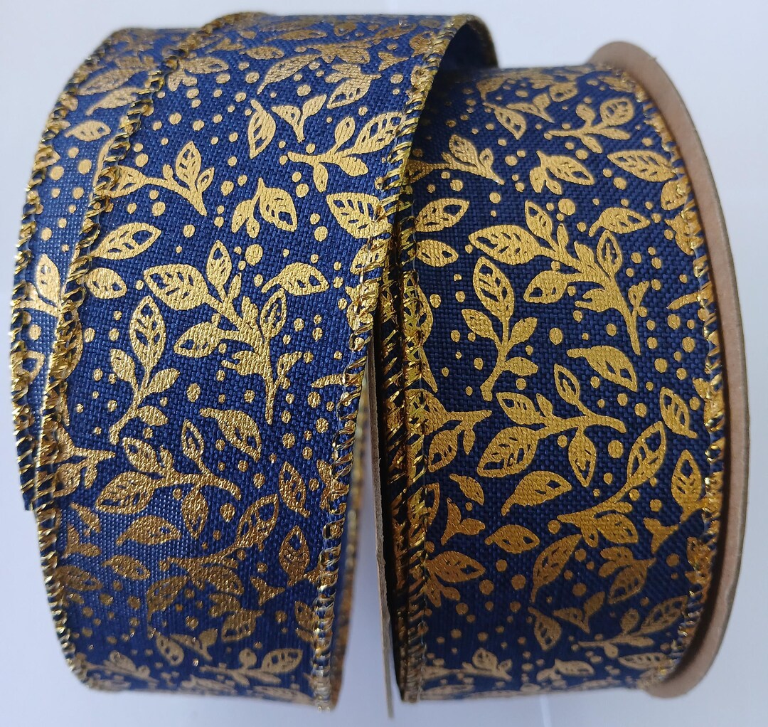 10 Meters Wire Edged Wreath Ribbon Christmas Navy With Gold Metallic ...