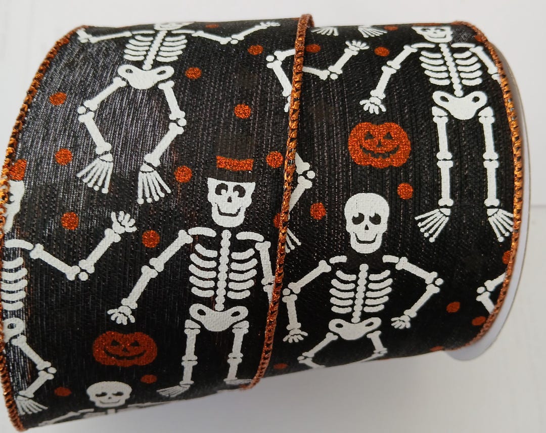 9 Meters Wire Edged Wreath Ribbon Halloween Orange & Black With White ...
