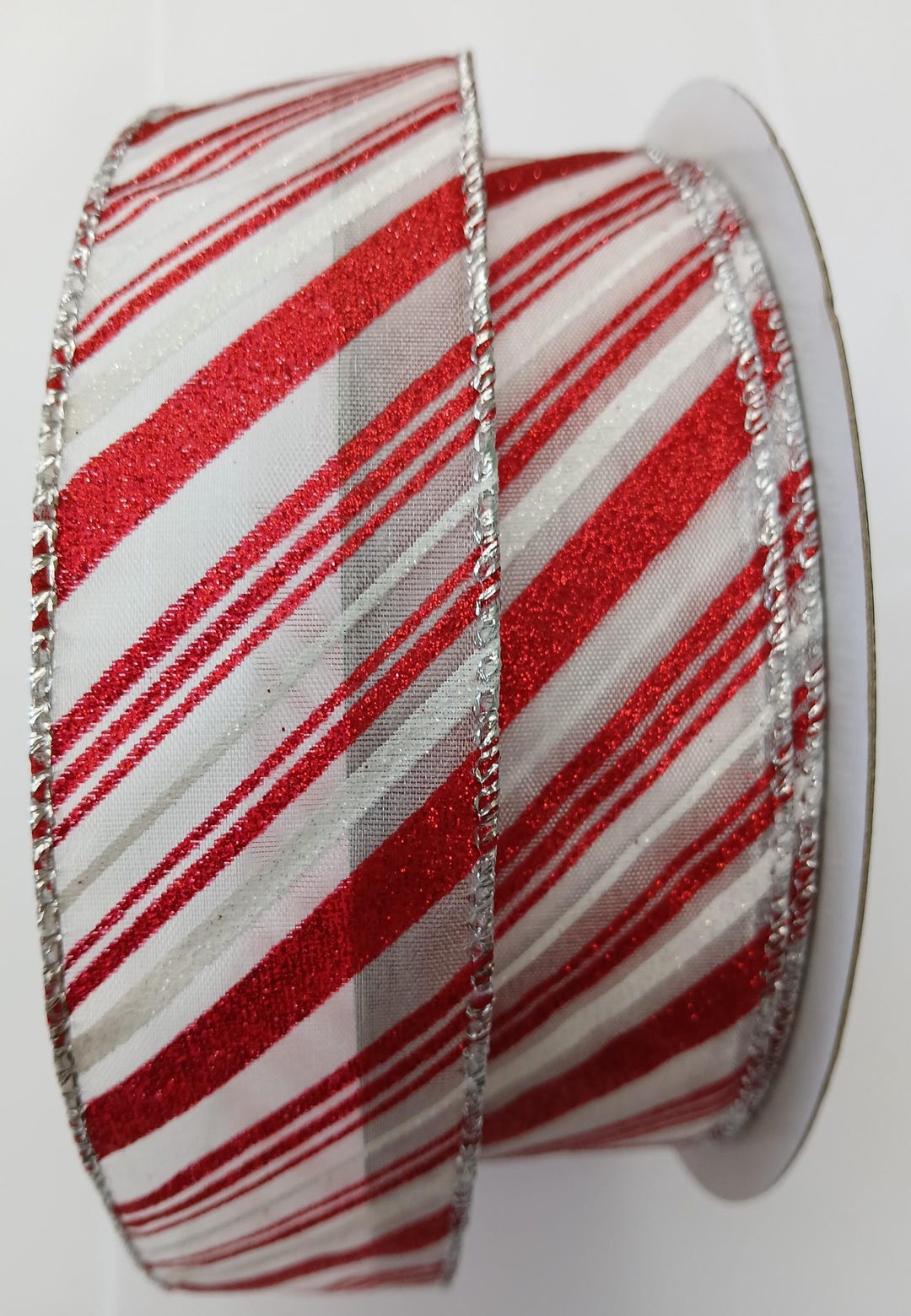 Christmas Red & White Diagonal Glitter Stripes Wired Ribbon: 1.5" Wide ...