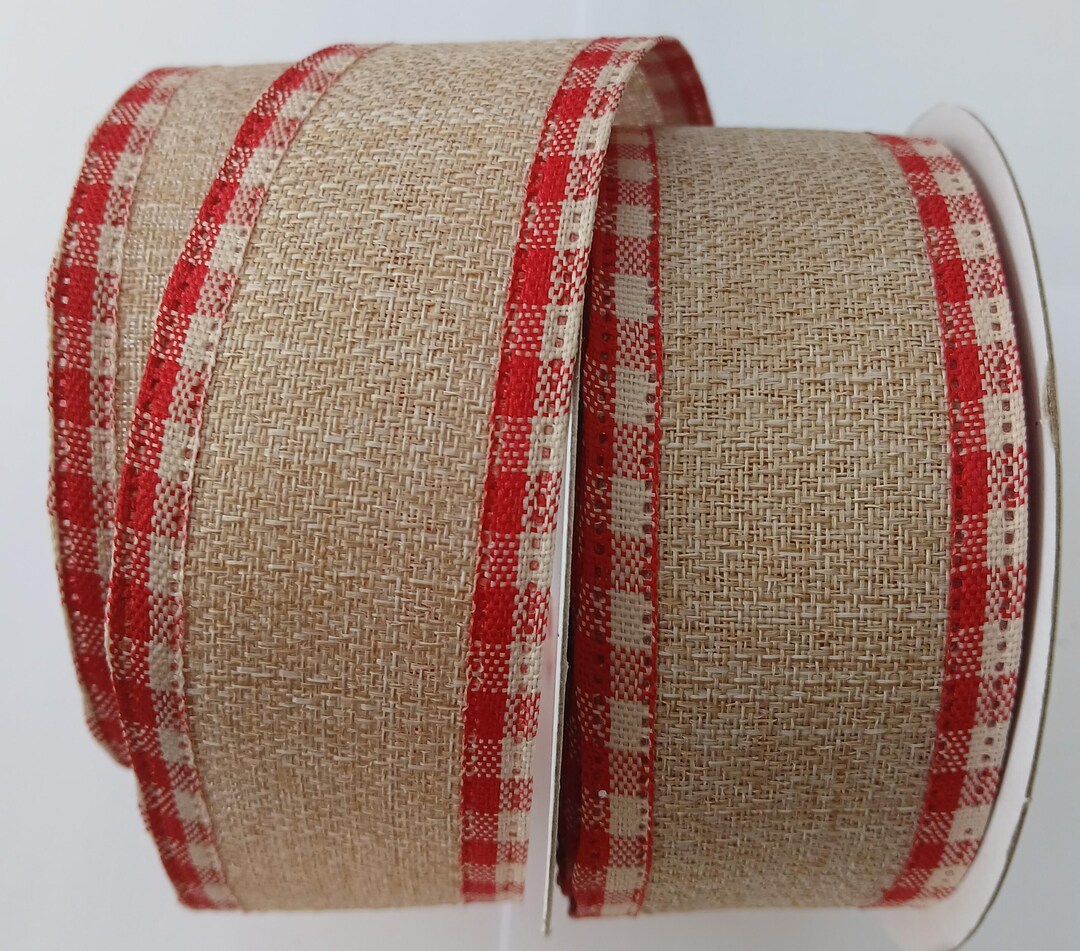Autumn Natural With Red Gingham Check Edge Wired Ribbon – 1.5” Wide, 9 ...
