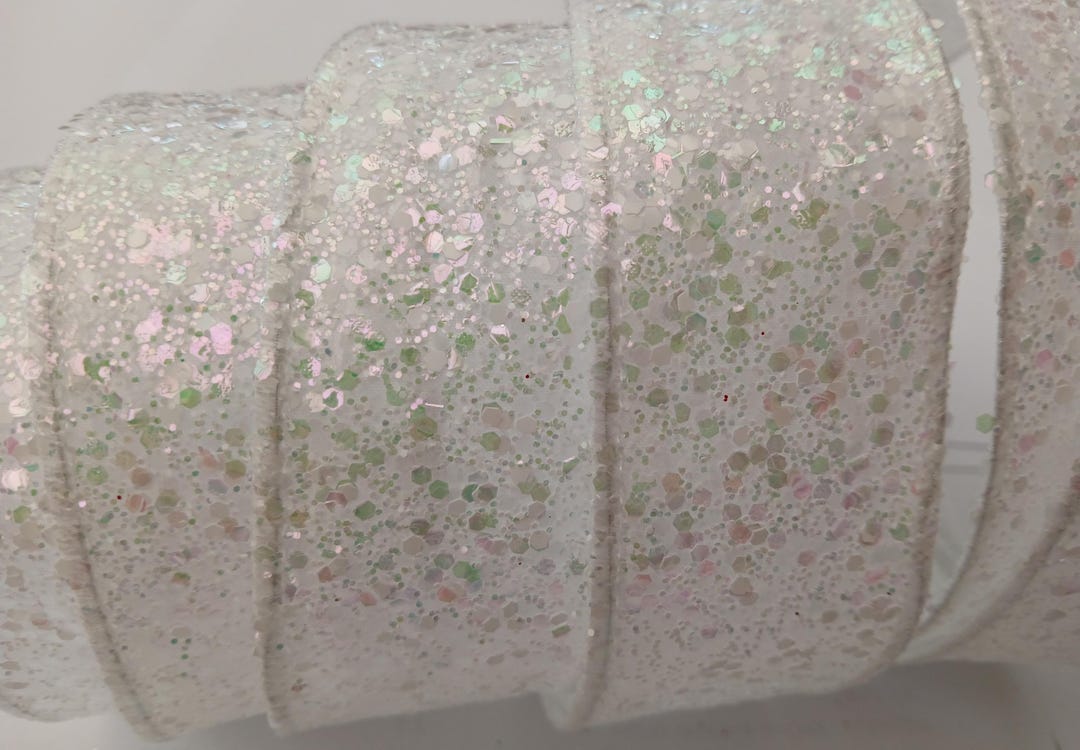 9 Meters Wire Edged Wreath Ribbon Christmas White Iridescent Glitter on ...
