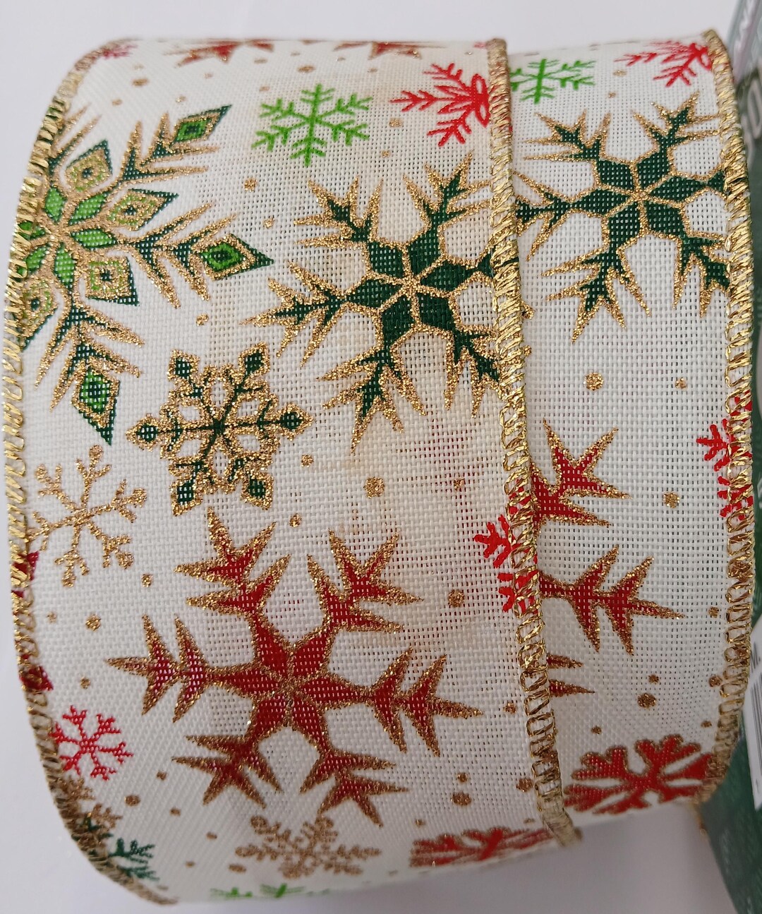 9 Meters - Wire Edged Wreath Ribbon Christmas Cream With Red Gold ...