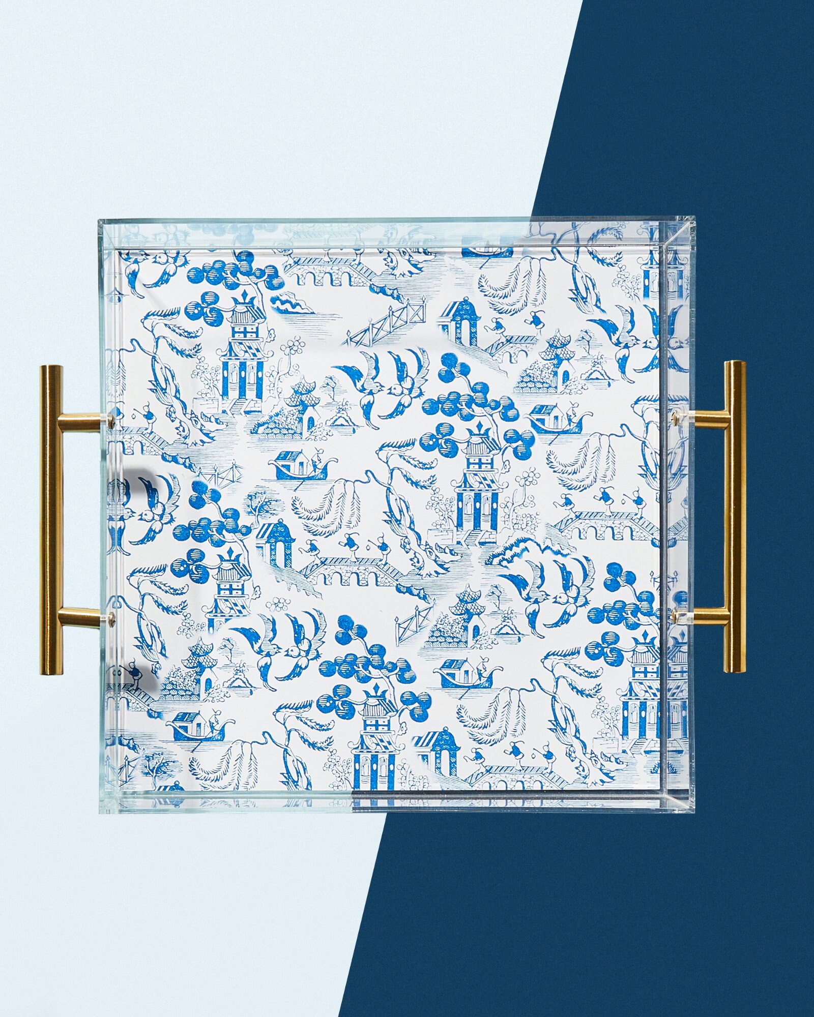 Large Acrylic Tray With Gold Handles Blue and White Classic Chinoiserie ...