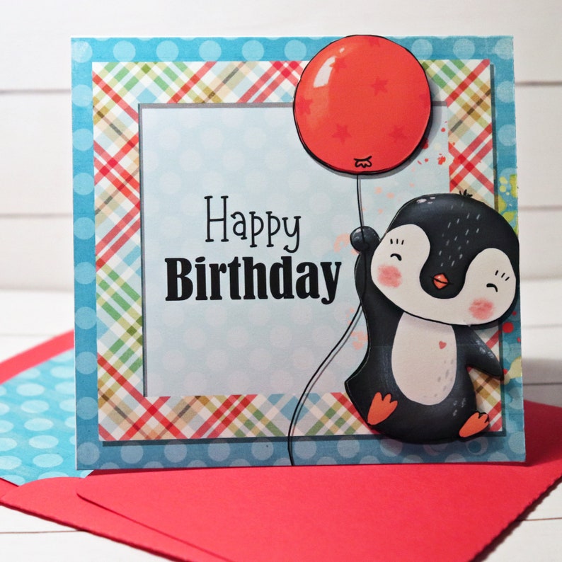 Handmade Layered "happy Birthday Penguin" Card With Matching Envelope ...
