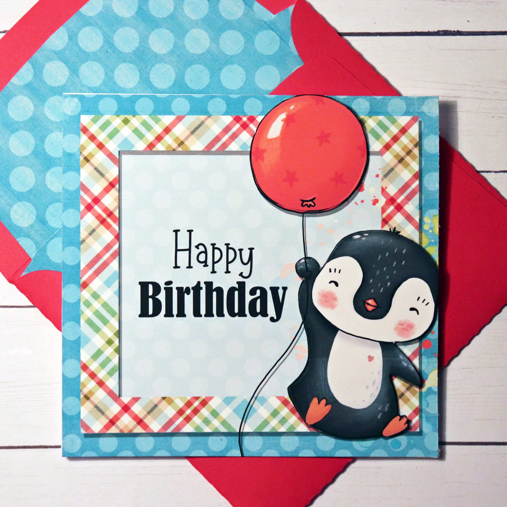 Handmade Layered "happy Birthday Penguin" Card With Matching Envelope ...