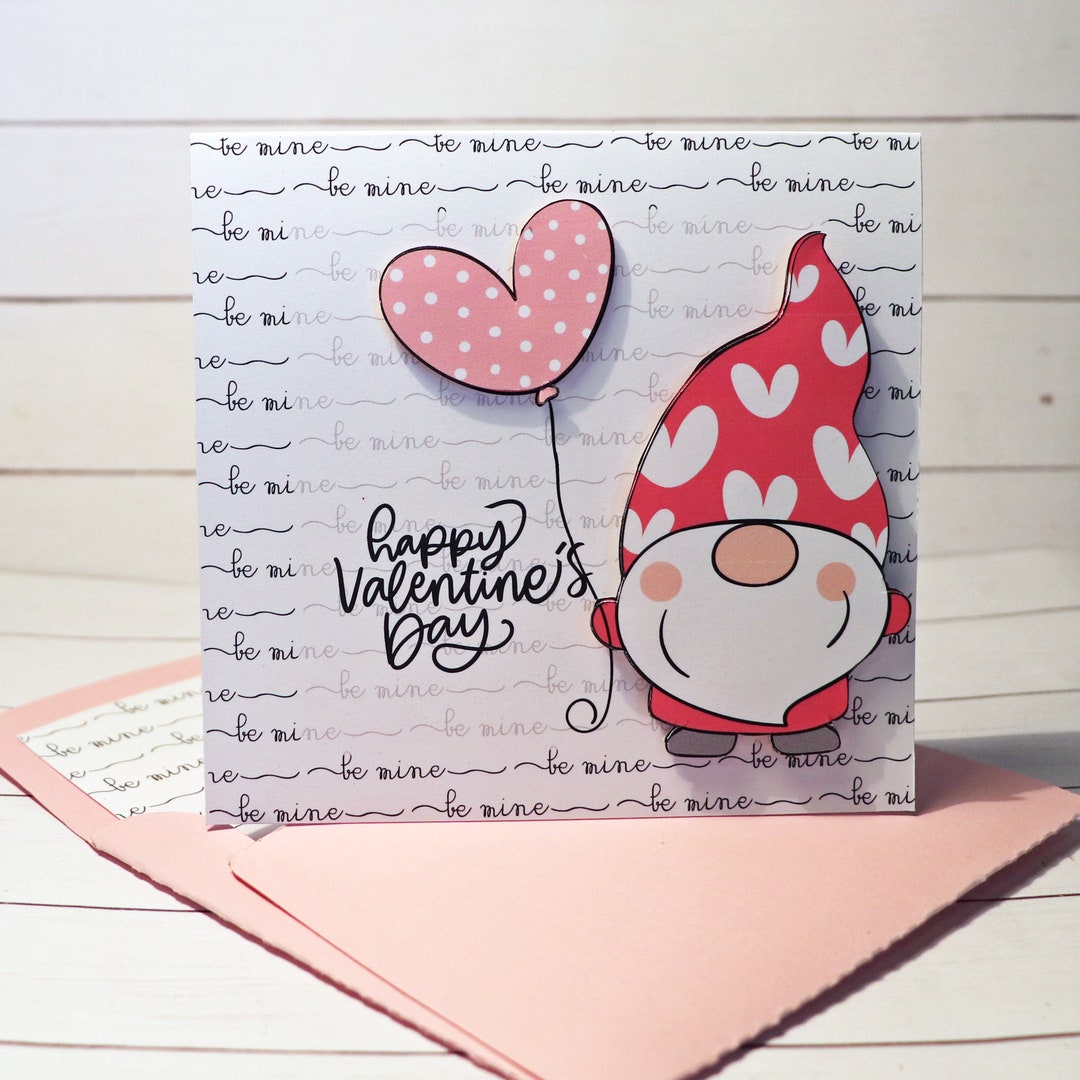 Handmade Layered "happy Valentine's Day Gnome" Card With Matching ...