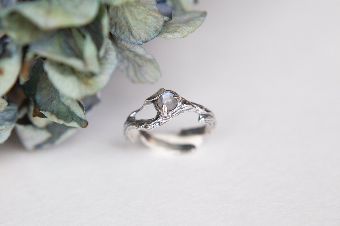 Adjustable Silver Twig Ring With a Moonstone, Twig Engagement Ring, Handcrafted Silver Ring ...