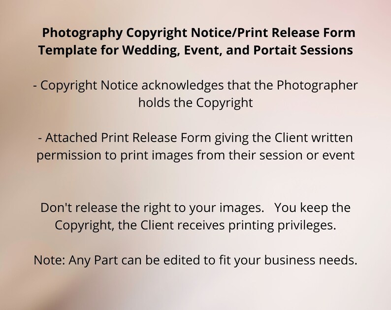 Print Release Form Template for Photographers Copyright - Etsy